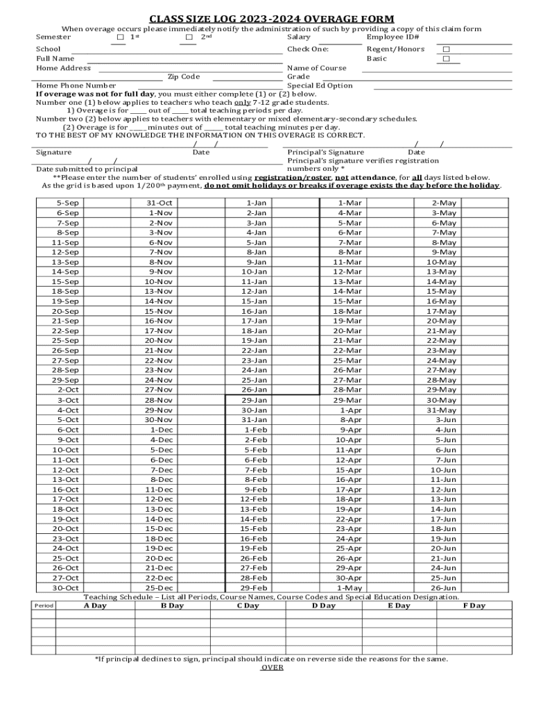 Fillable Online CLASS SIZE LOG 2023-2024 OVERAGE FORM Fax Email Print ...
