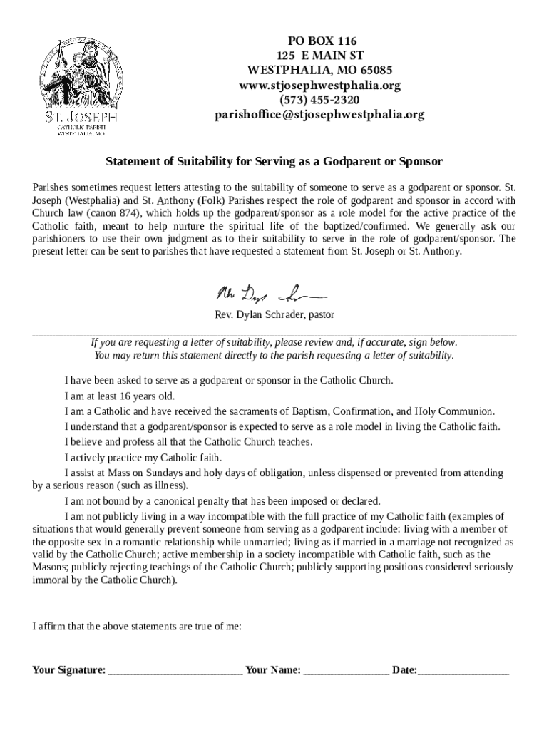 Fillable Online Statement of Suitability to Serve as a Godparent / Sponsor Fax Email Print ...