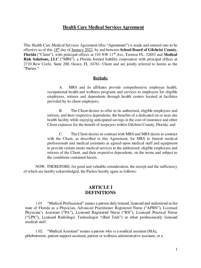 Fillable Online Health Care Medical Services Agreement Sample Contracts ...