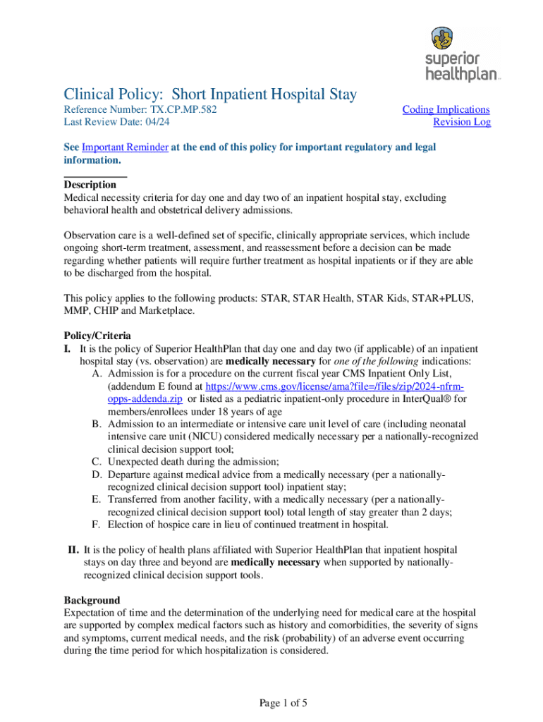 Fillable Online Claims and Payment Policy: Inpatient Hospital Short ...