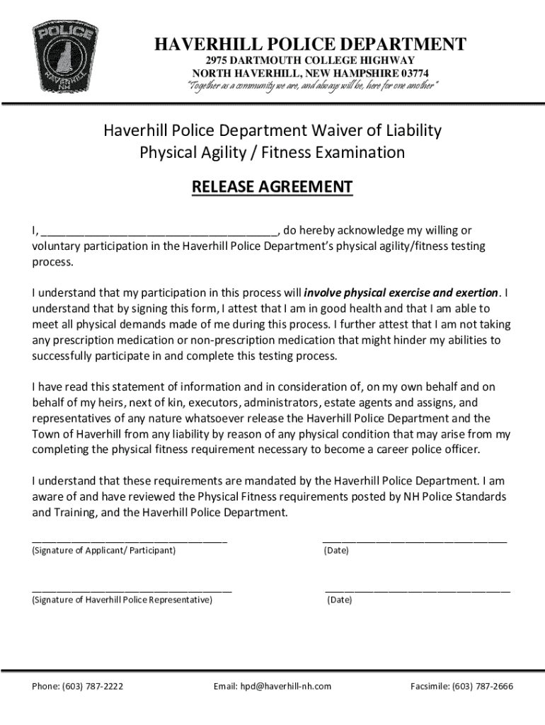 Fillable Online Haverhill Police Department Waiver of Liability ...