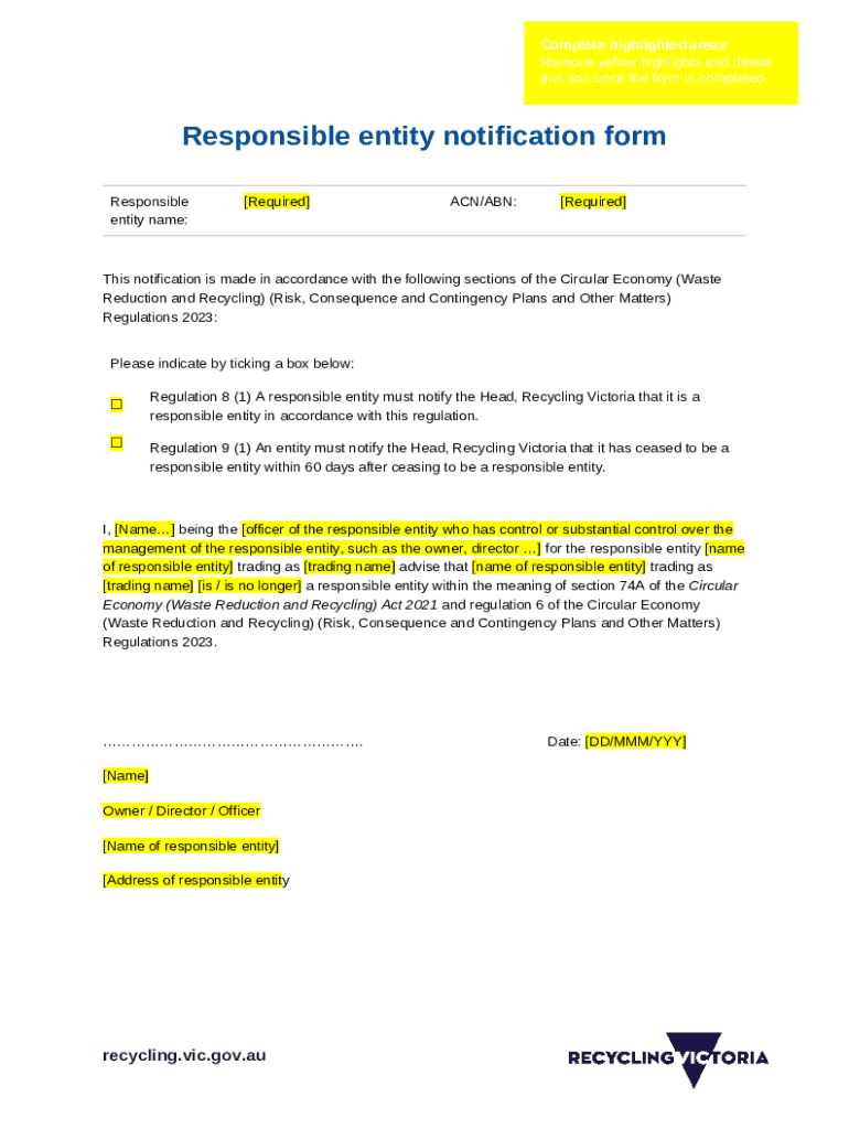 Responsible Entity Notification Doc Template | pdfFiller