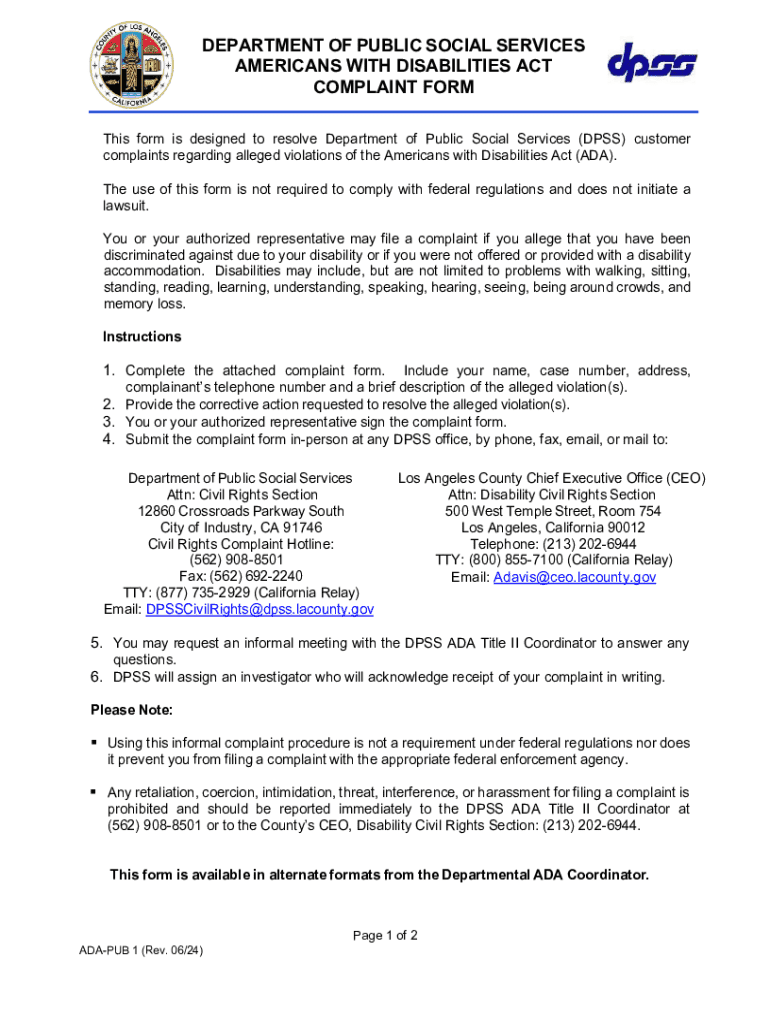 Fillable Online ADA PUB 1 - ADA Complaint Form EN rev 4-17 Fax Email Print - pdfFiller