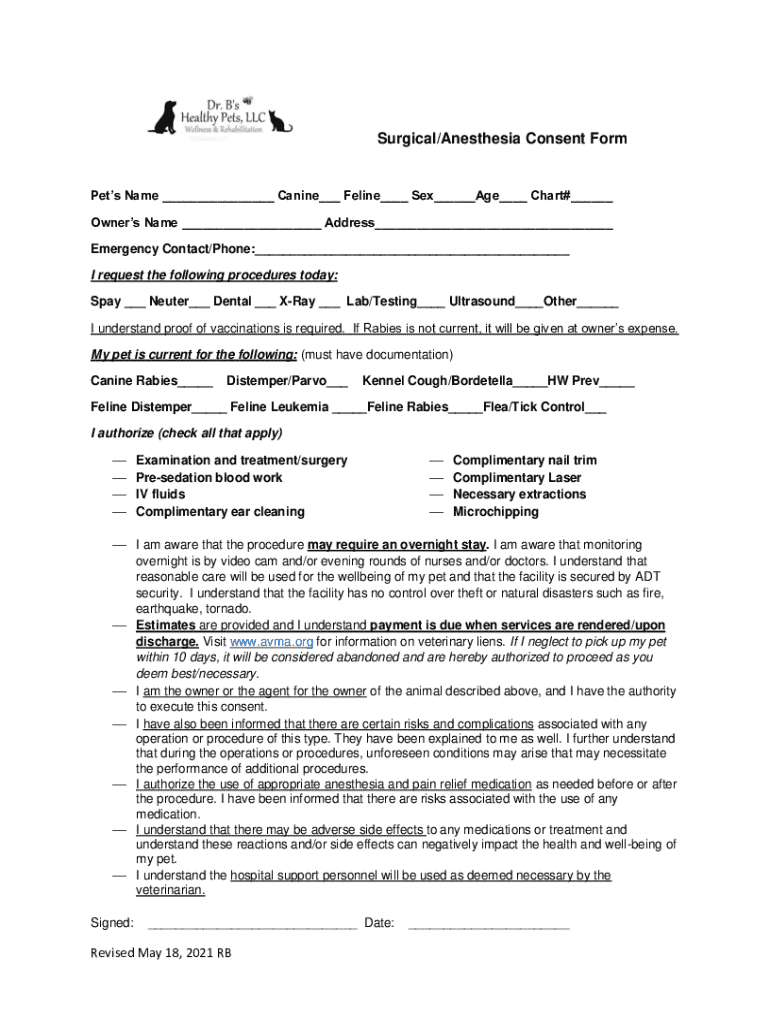 Fillable Online Surgical/Anesthesia Consent Form - Cimarron Animal ...