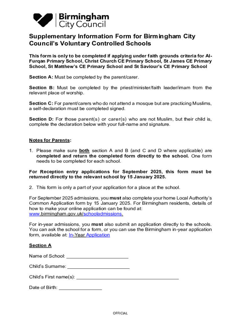 Fillable Online Supplementary Information Form for Birmingham Schools 2025 Fax Email Print ...