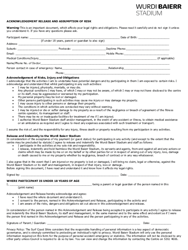 Fillable Online 2023 Acknowledgement Release and Assumption of Risk ...