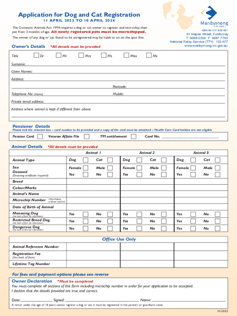 Fillable Online Application for Dog and Cat Registration 2023-2024 Fax ...
