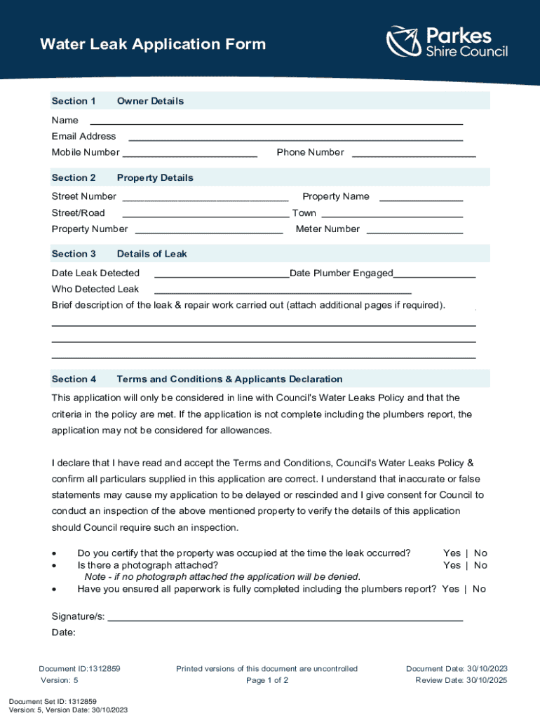 Fillable Online ECM1312859v5Form- Application Concealed Water Leak ...