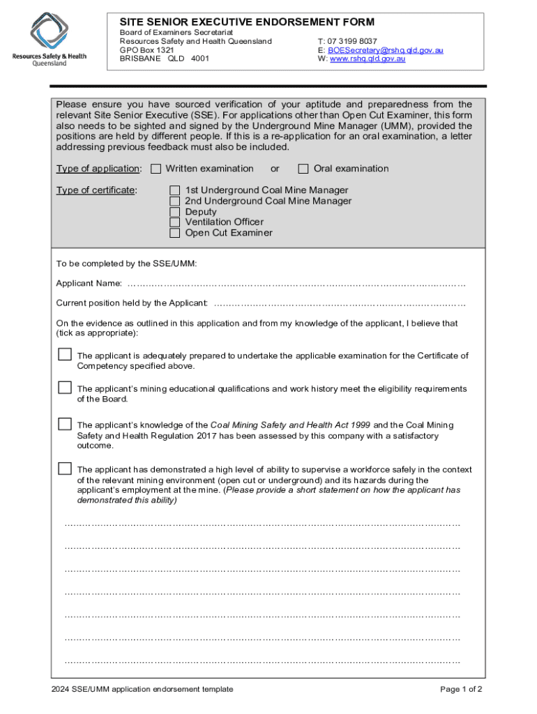 Fillable Online Senior Site Executive Endorsement FormResources Safety & Health Queensland ...