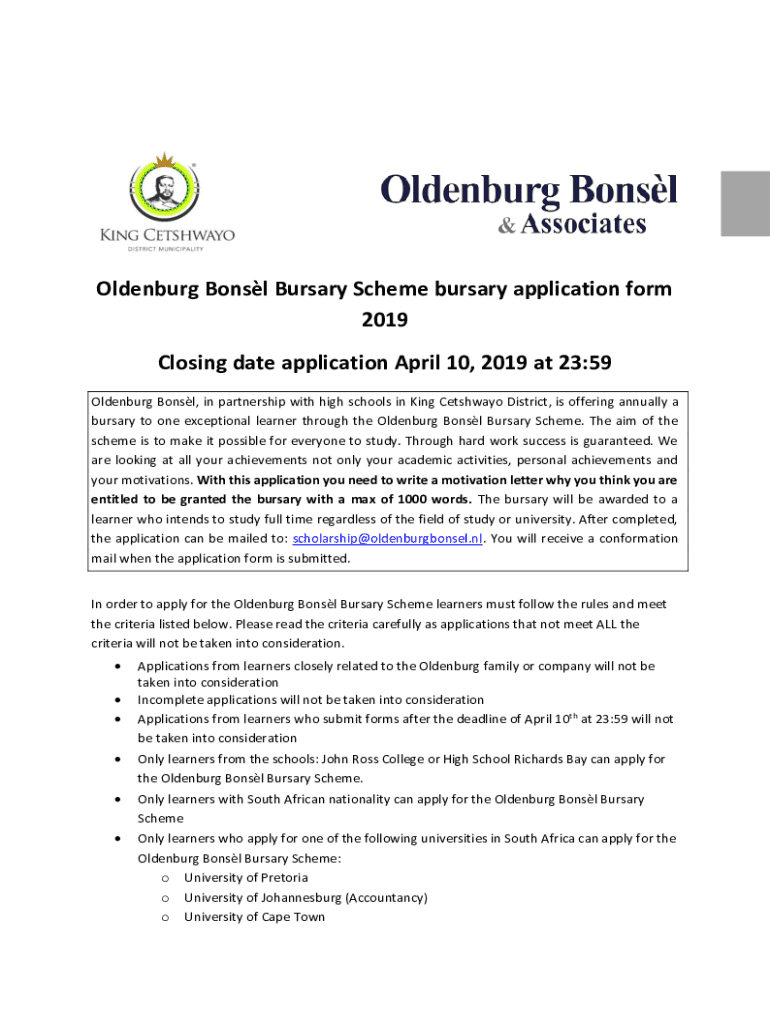 Fillable Online Oldenburg Bonsl Bursary Scheme bursary application form ...