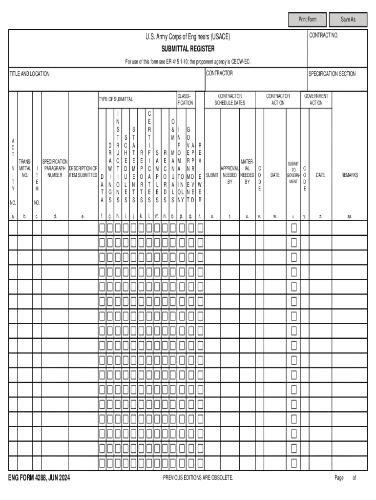 Fillable Online SUBMITTAL REGISTER. Eng Form 4288 Fax Email Print ...
