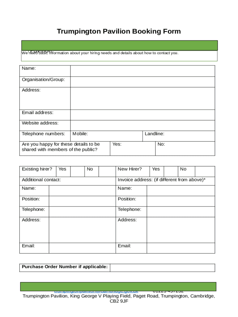 Trumpington Pavilion: Booking Doc Template | pdfFiller