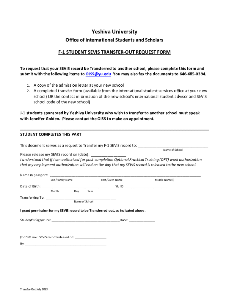 Fillable Online GENERIC F-1 STUDENT TRANSFER STATUS FORM Fax Email ...