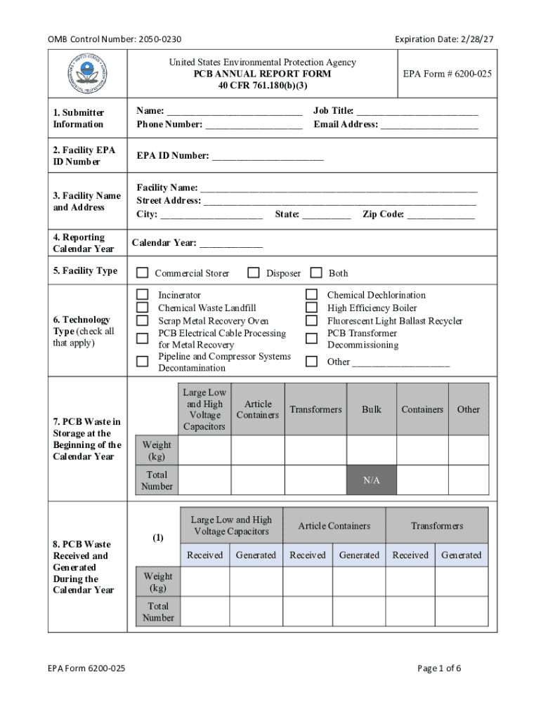 Fillable Online PCB ANNUAL REPORT FORM - EPA Form # 6200-025. 40 CFR ...