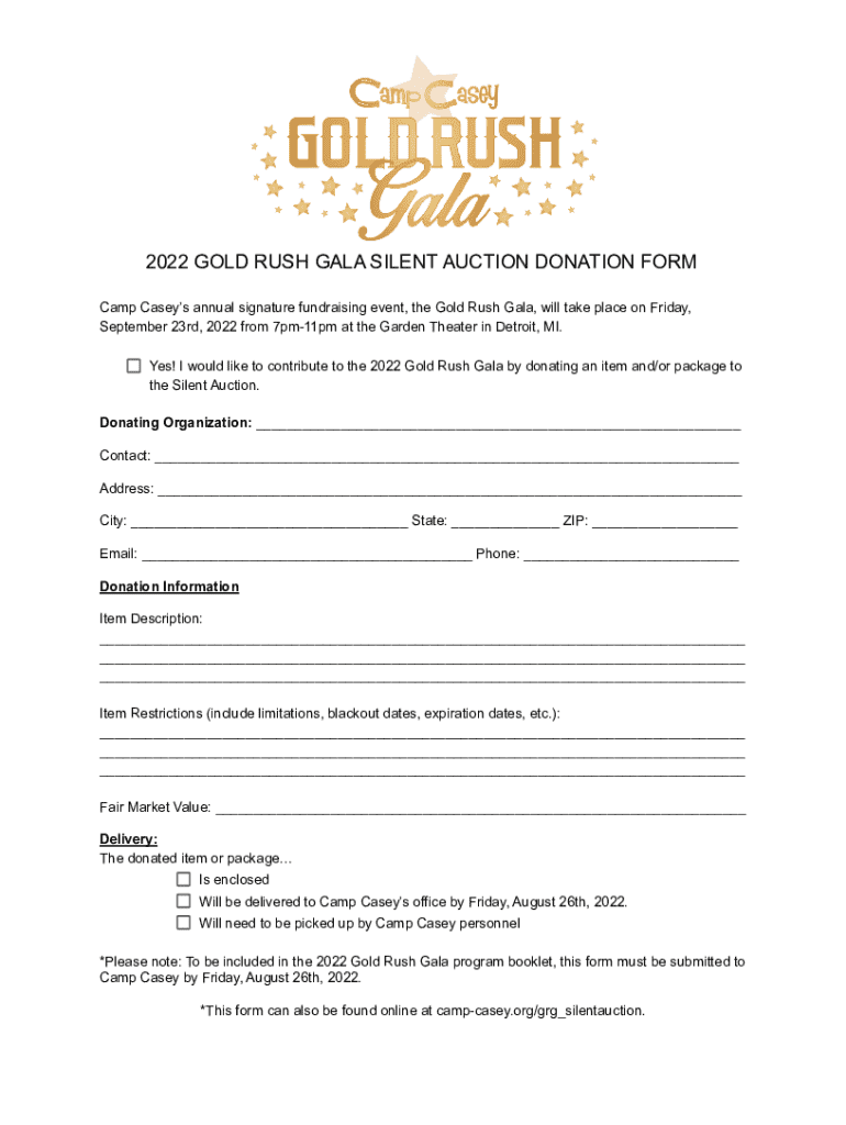 Fillable Online 2022 GOLD RUSH GALA SILENT AUCTION DONATION FORM Fax ...