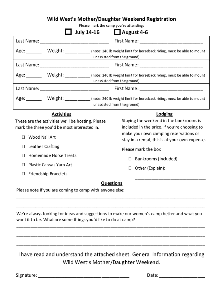 Fillable Online Mother Daughter Riding Weekend Registration Form Fax ...