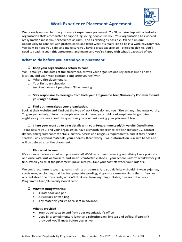 Fillable Online Work Experience Placement Agreement 2023 - Guidelines ...