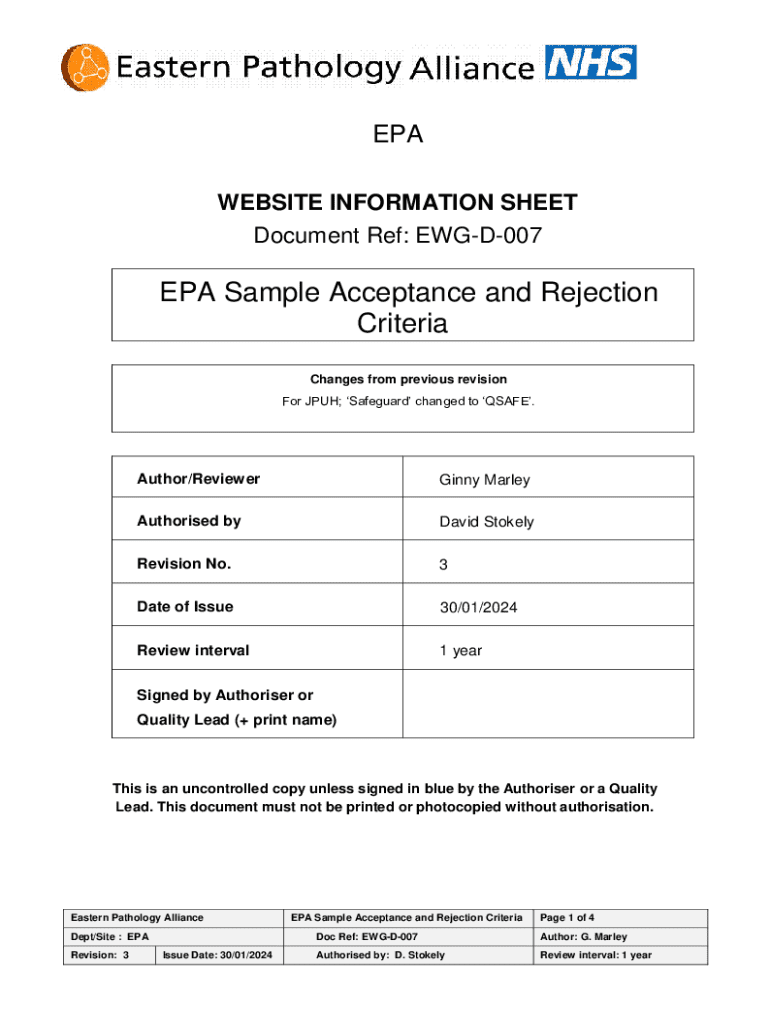 Fillable Online Epa Sample Acceptance and Rejection Criteria 2024 Fax ...