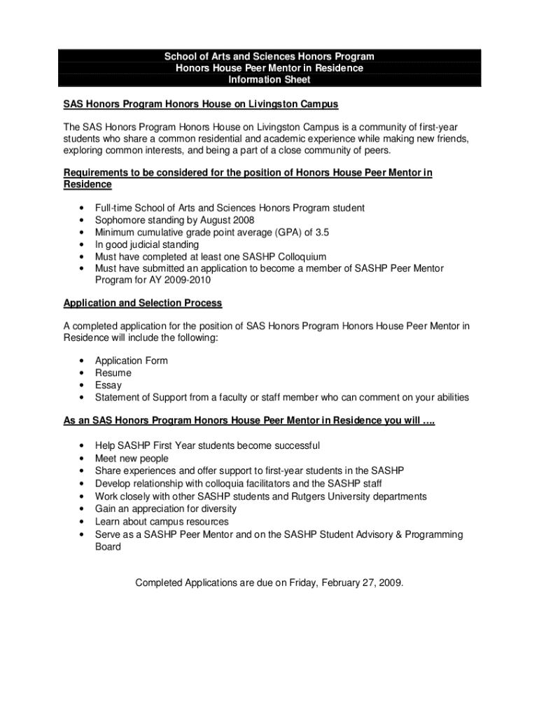 Fillable Online Sas Honors Program Peer Mentor in Residence Application ...