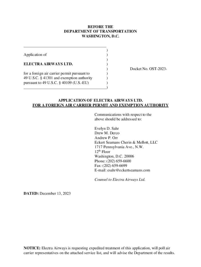 Fillable Online Electra Airways Ltd. Application for Foreign Air Carrier Permit 2023 Fax Email ...