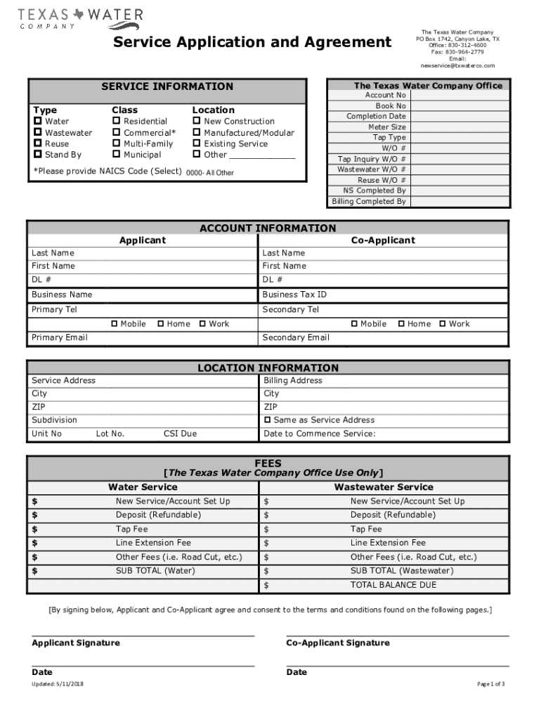 Fillable Online Texas Water Company Service Application Agreement 2018 ...
