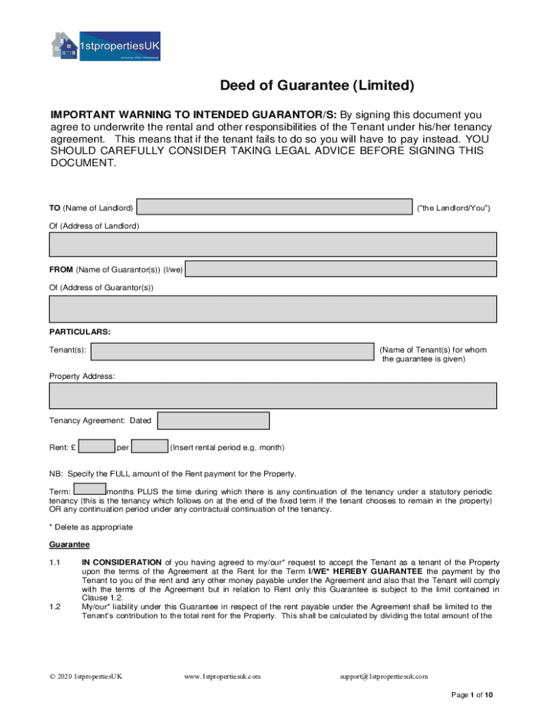 Fillable Online Deed of Guarantee (Limited)DH Properties Fax Email Print - pdfFiller