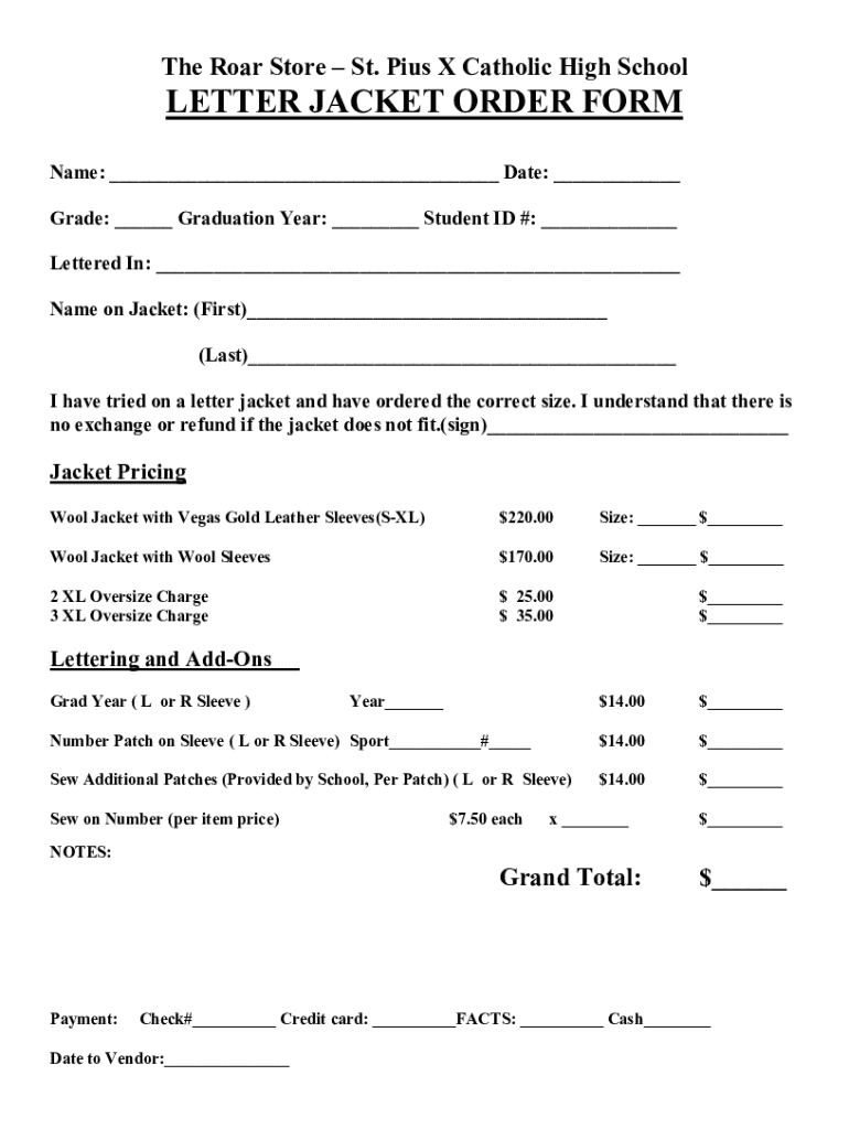 Fillable Online St. Pius X Catholic High School Letterman Jackets Fax Email Print - pdfFiller