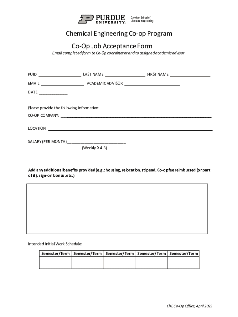 Fillable Online Chemical Engineering Co-op Program Co-Op Job Acceptance ...