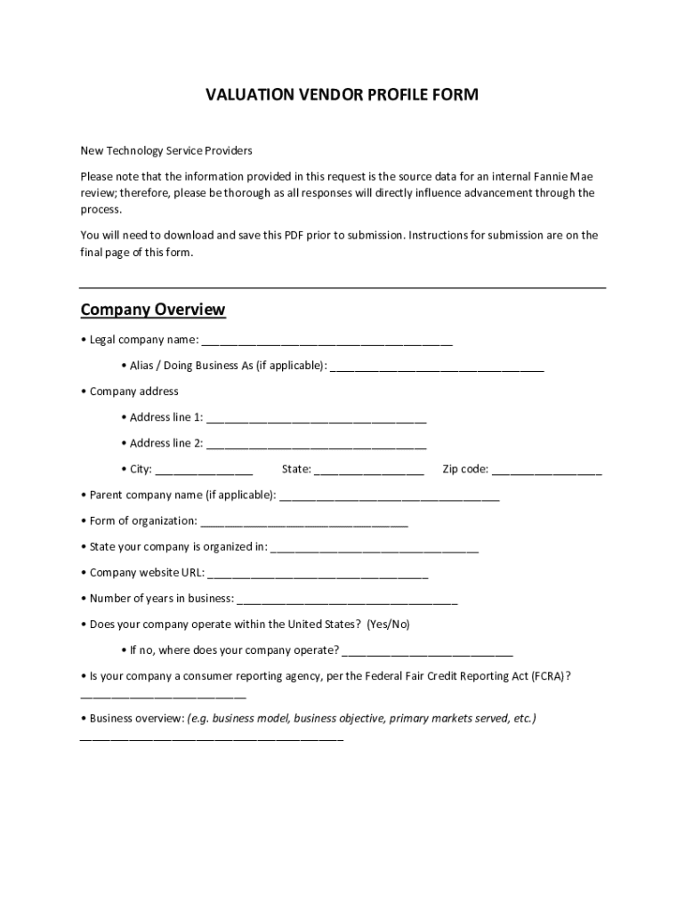 Fillable Online VALUATION VENDOR PROFILE FORM Company Overview Fax ...