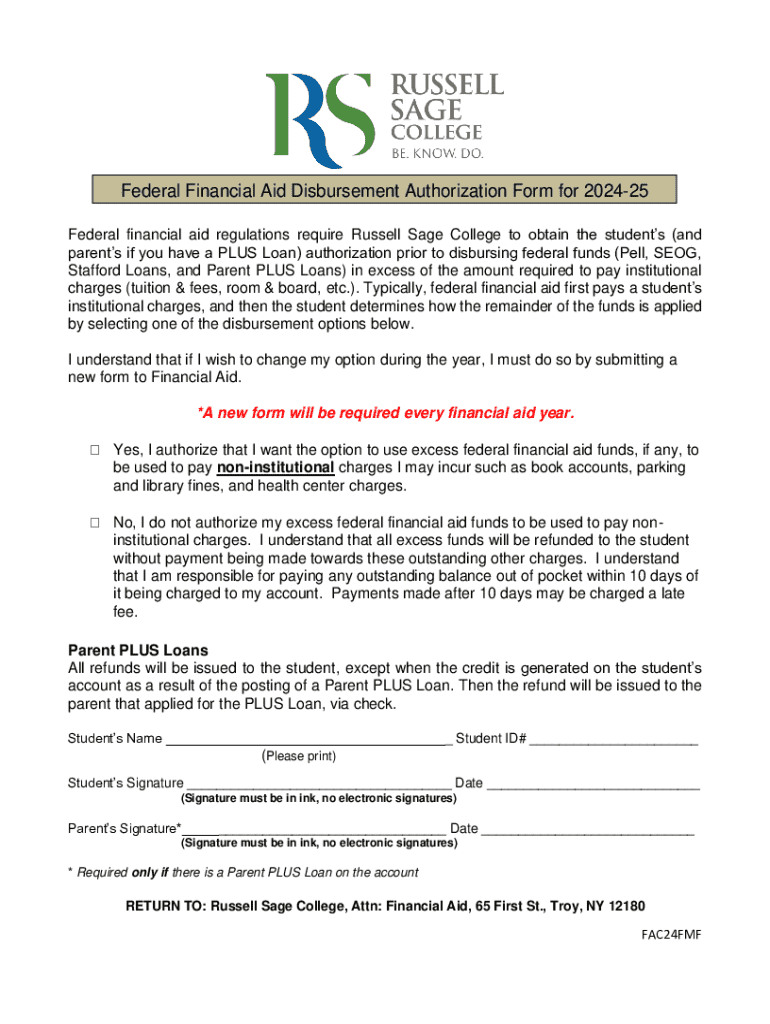 Fillable Online Federal Financial Aid Disbursement Authorization Form ...
