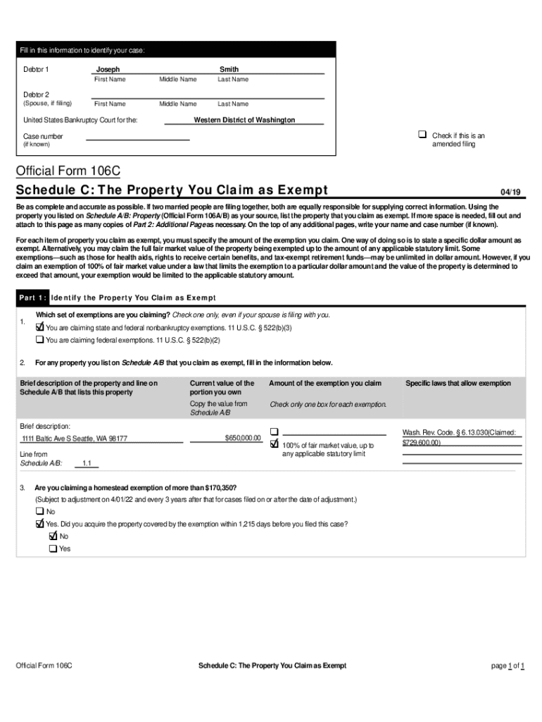 Fillable Online Official Form 106C Schedule C: The Property You Claim ...