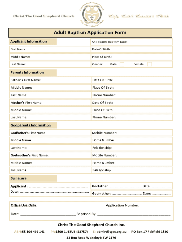 Fillable Online Adult Baptism Application Form Fax Email Print - pdfFiller