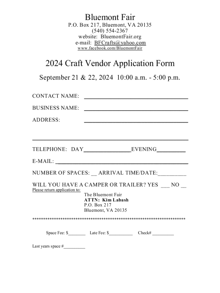 Fillable Online 2024 Craft Vendor Application Form Fax Email Print ...