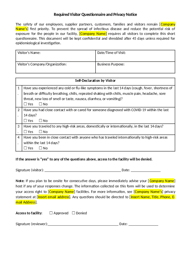 Required Visitor Questionnaire and Privacy Notice Doc Template | pdfFiller