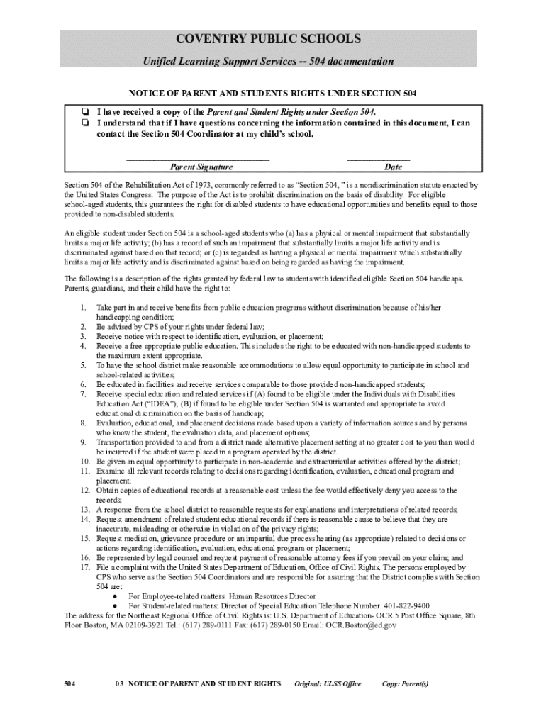 Fillable Online 2023 Parent and Student Rights Under Section 504 at ...