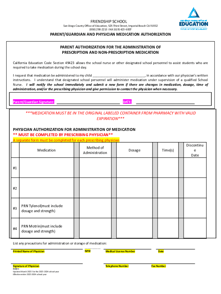 Fillable Online Medication Authorization Form for School Use - 2023 Fax Email Print - pdfFiller