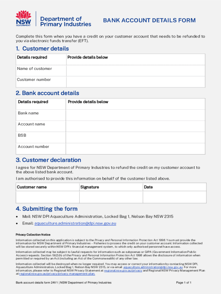 Fillable Online Bank Account Details Form 2023 - Nsw Dpi Refund Process ...
