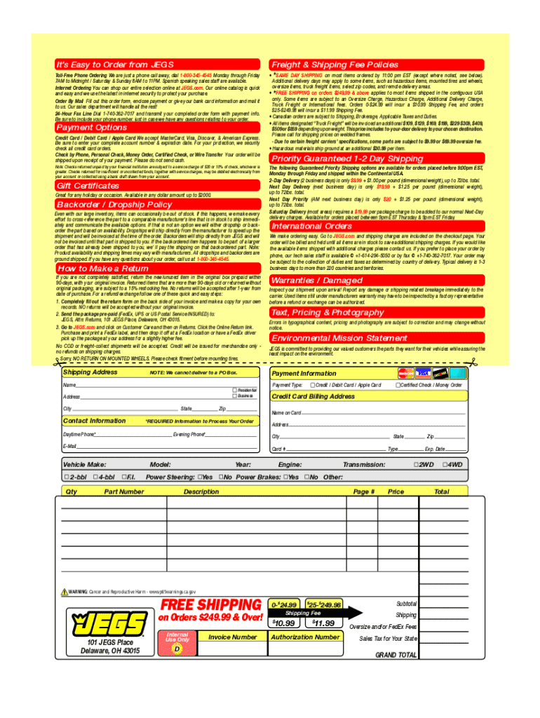 Fillable Online JEGS Aftermarket Auto Parts & High Performance Racing ...
