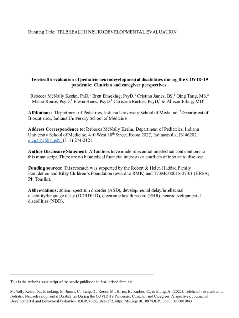 Fillable Online Telehealth Evaluation of Pediatric Neurodevelopmental ...