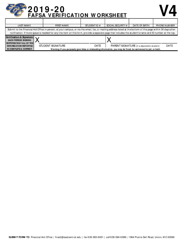 Fillable Online 2019-20 Fafsa Verification Worksheet V4 for Educational ...