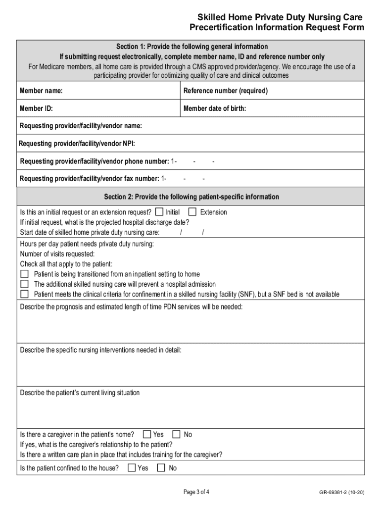 Fillable Online Skilled Home Private Duty Nursing Care Precertification Request Form 2020 Fax ...