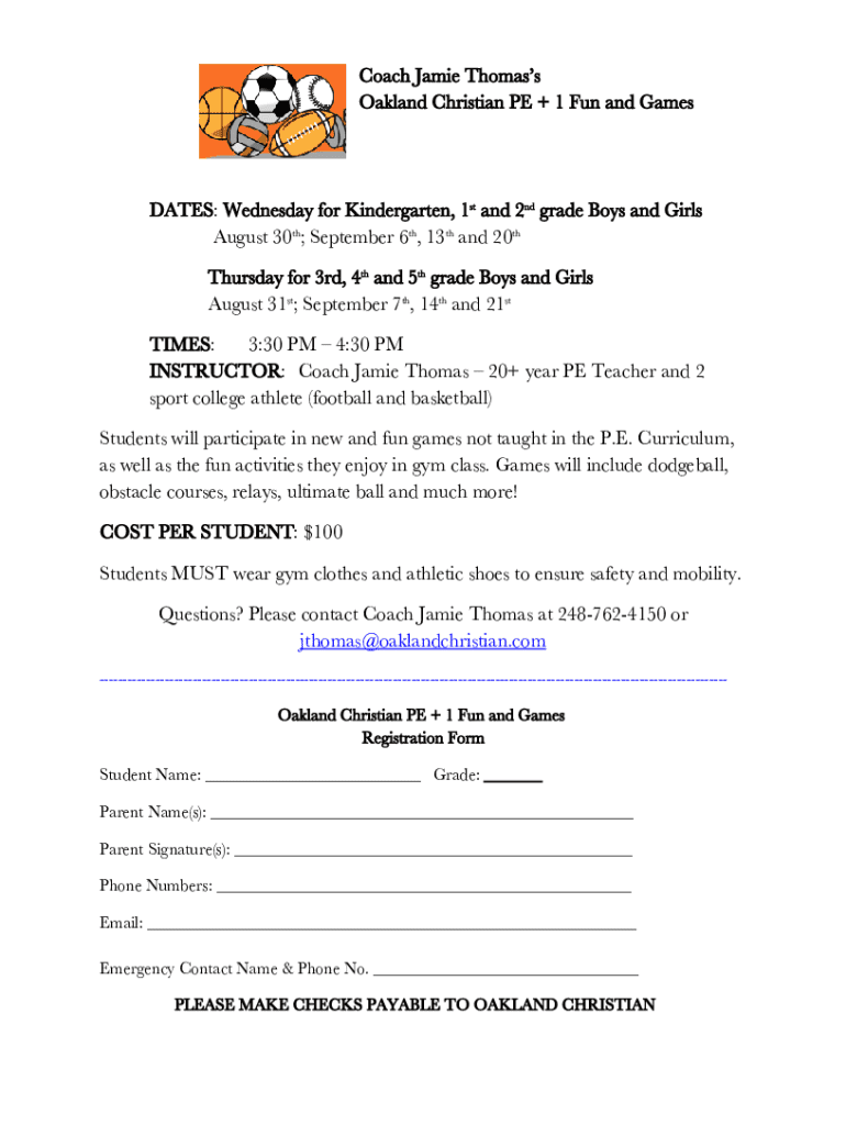 Fillable Online Coach Jamie Thomas\'s Oakland Christian PE + 1 Fun and ...