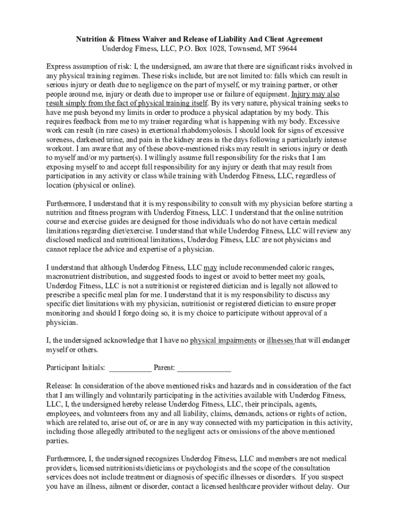 Fillable Online Nutrition & Fitness Waiver and Release of Liability And ... Fax Email Print ...