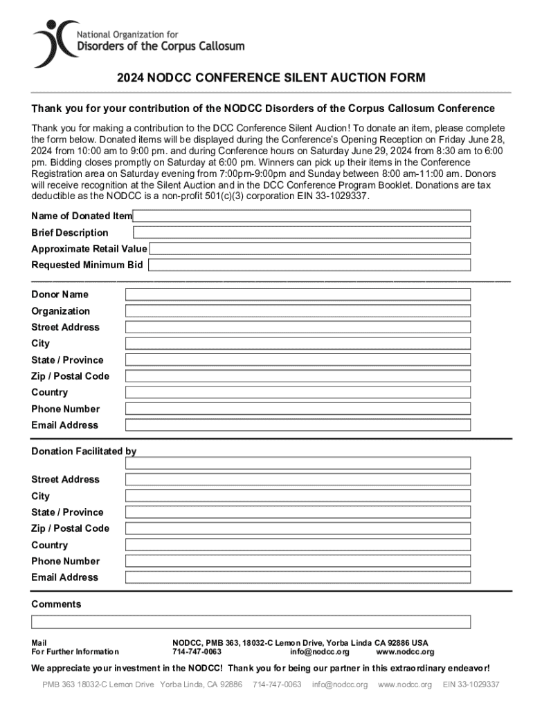 Fillable Online Silent Auction - National Organization of Disorders of ...