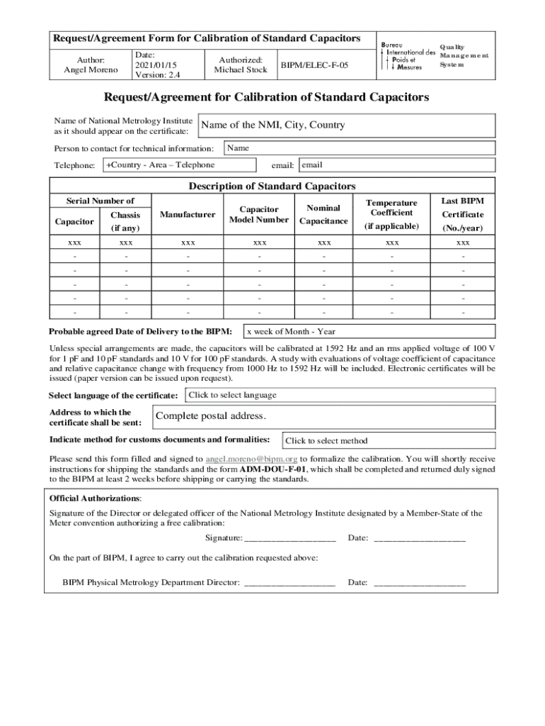 Fillable Online Request/Agreement Form for Calibration of Standard ...