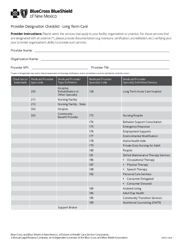 Fillable Online Provider Designation Checklist for Long Term Care Services 2024 Fax Email Print ...