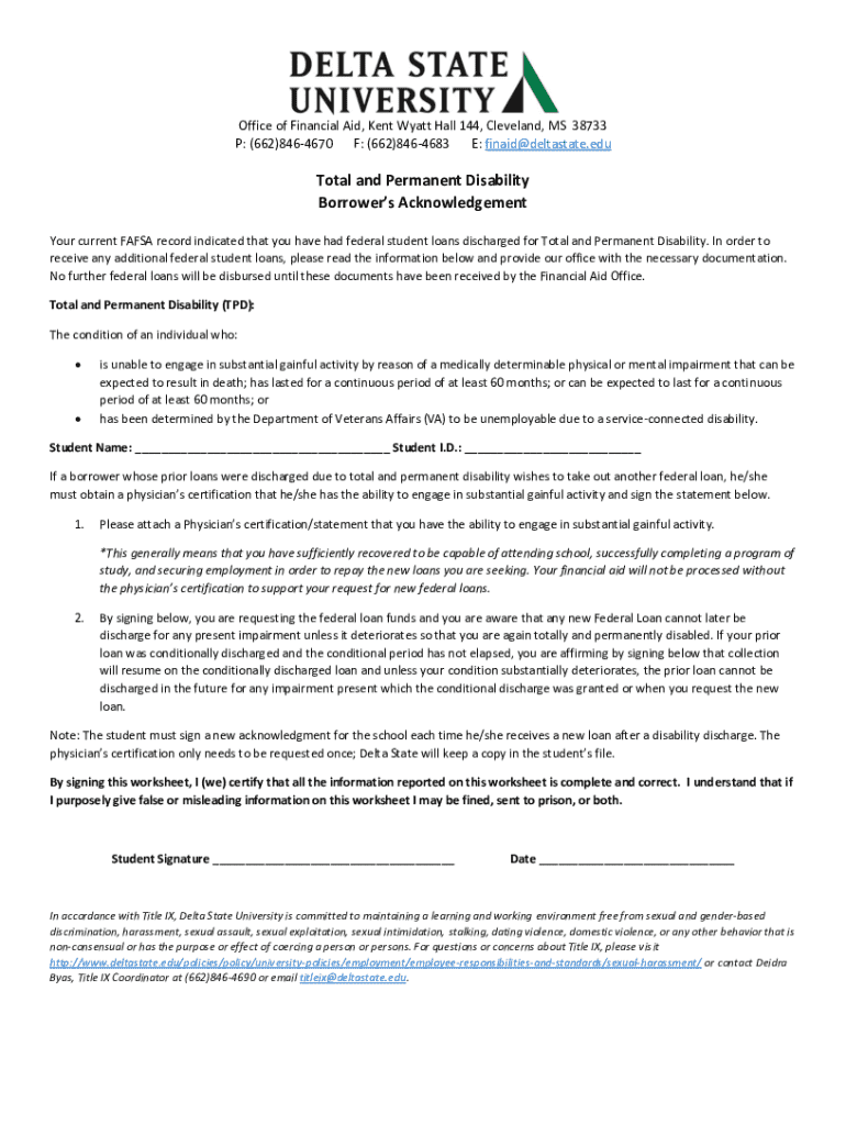 Fillable Online Total and Permanent Disability Acknowledgement for ...