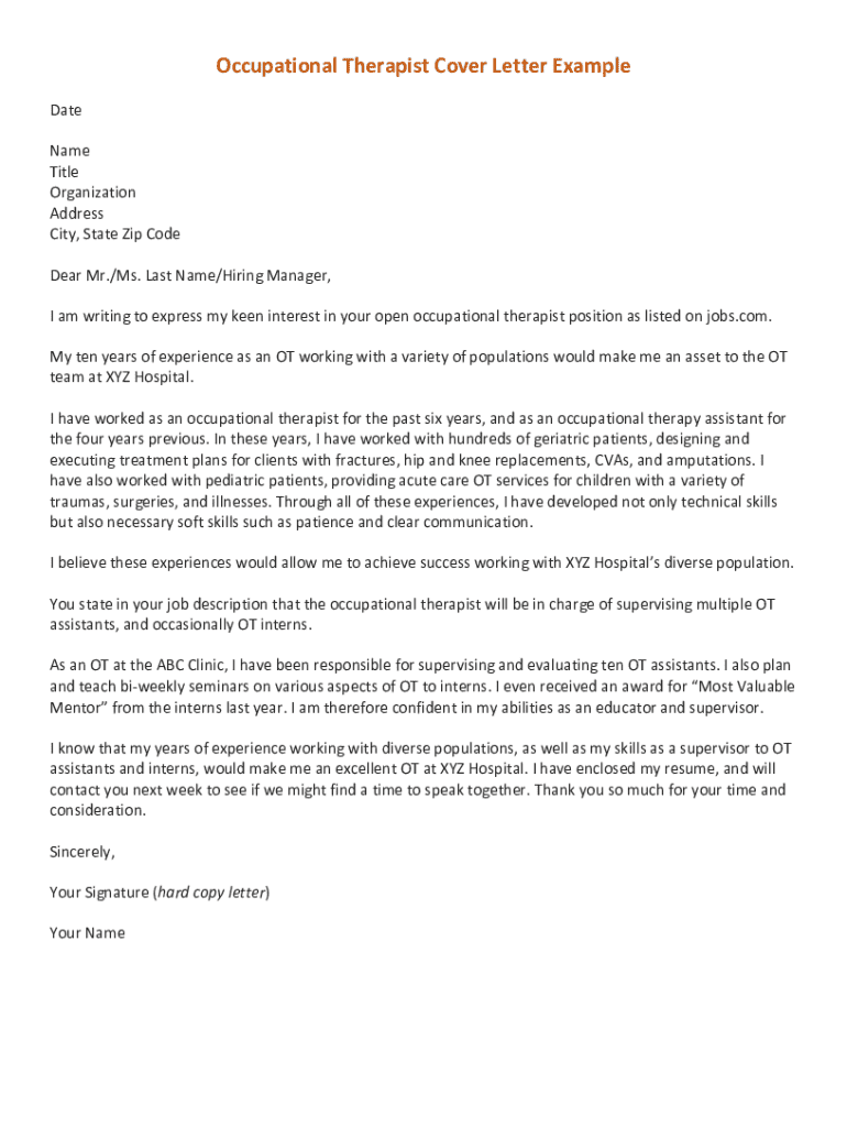 Fillable Online Occupational Therapist Cover Letter Example 2023 Fax ...