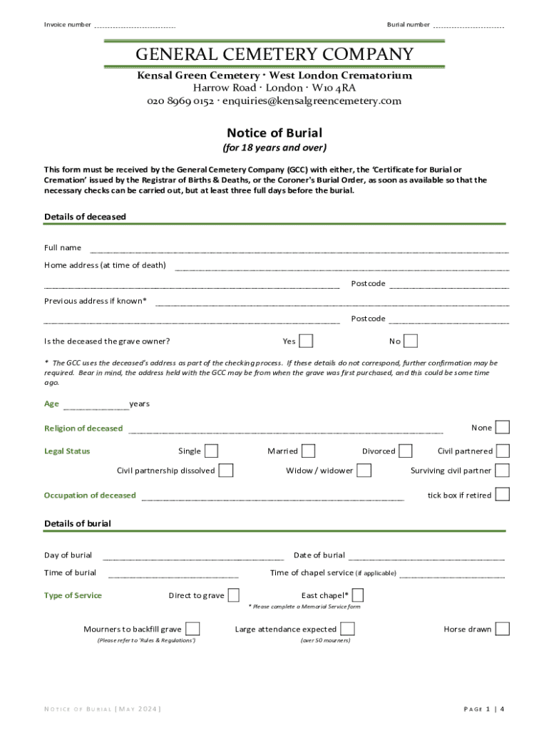 Fillable Online Notice of Burial Form - Kensal Green Cemetery - 2024 ...
