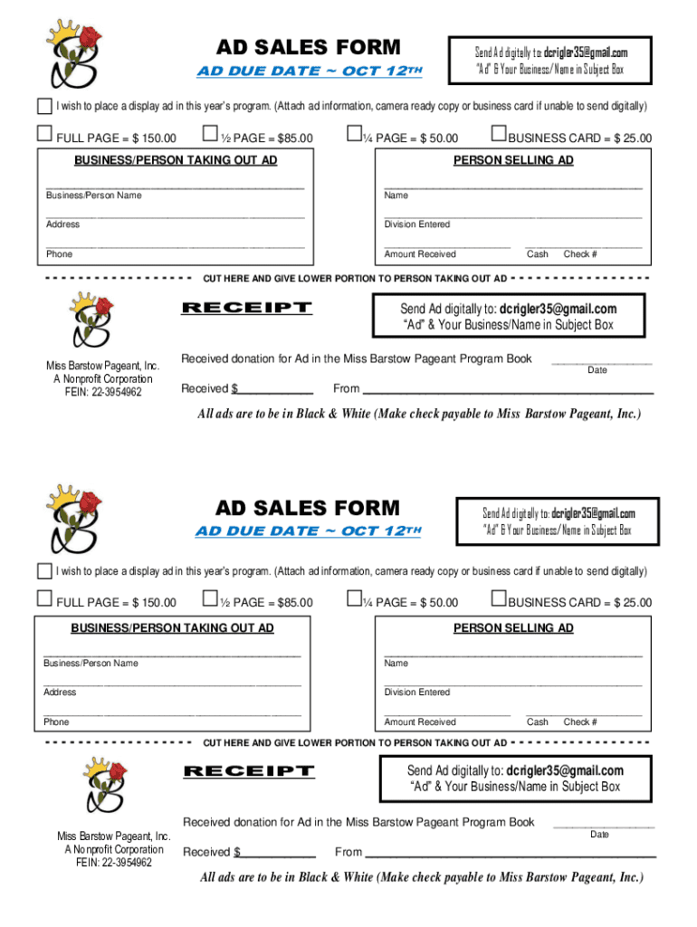 Fillable Online Miss Barstow Pageant Ad Sales Form 2023 - Display ...